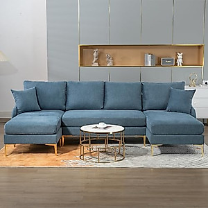 Modern 110'' W U-Shape Sectional Sofa, 4-Seat Sofa Couch with Chaise Lounge and Ottoman, Reversible Left or Right Chaise, Modular Sofa with Golden Metal Legs for Living Room Apartment Office,Blue