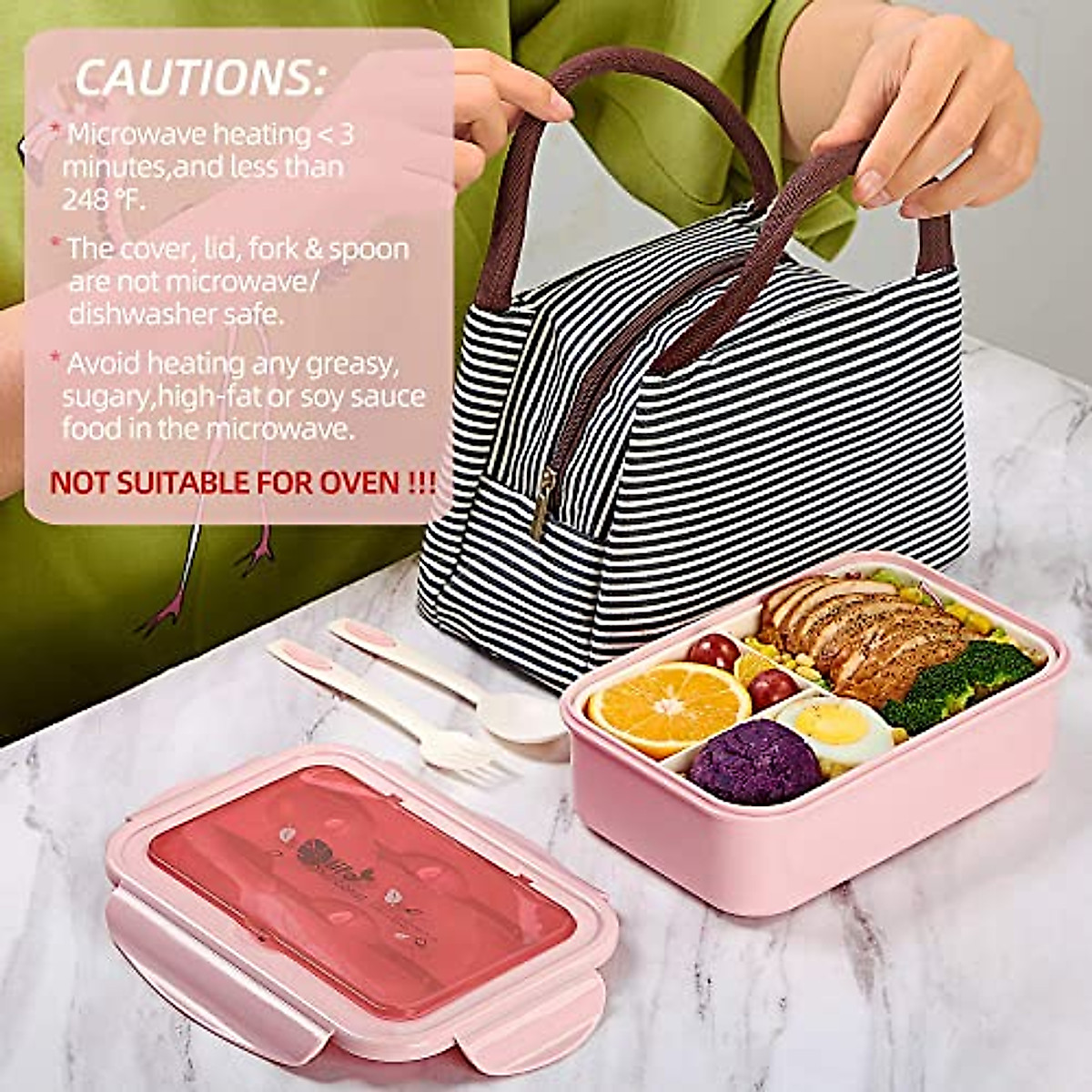Porzu Bento Lunch Box, 1400 ML Lunch Box Meal PrepFor Kids & Adults，3 Compartments Portable Food Container with Utensil (Pink)