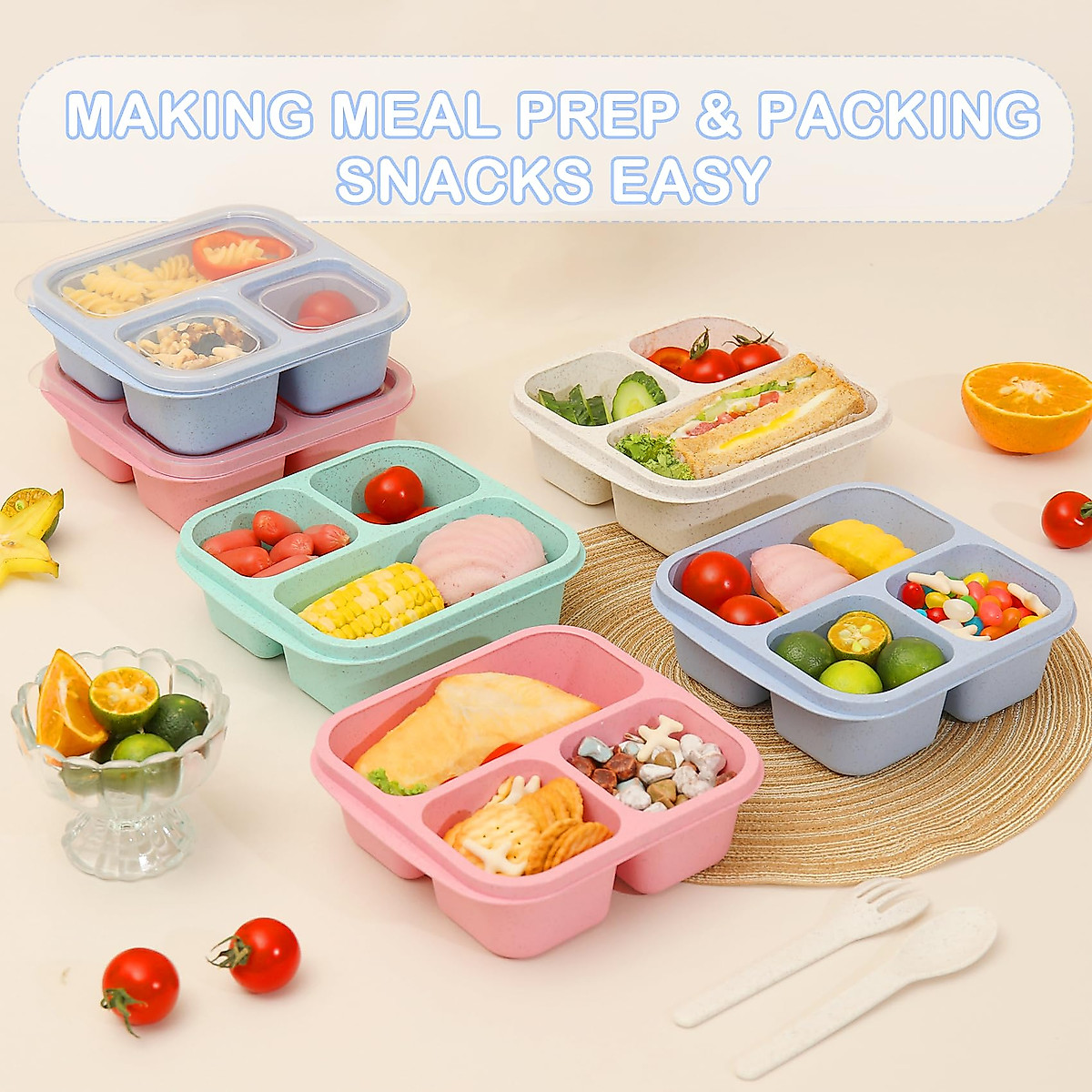 DESLON Kids Bento Box 6 Pack, 3 Compartment Snack Containers, Meal Prep Containers Reusable Lunch Containers for Kids Toddler Adults, Small Bento Snack Box for School, Work and Travel