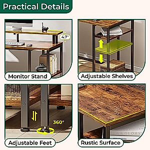 Huuger L Shaped Computer Desk with Power Outlets & LED Lights, Reversible Computer Desk with File Cabinet & Storage Shelves, Corner Desk Home Office Desk, Rustic Brown