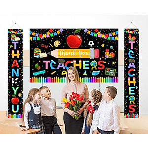 Lecheme Thank You Teachers Decorations Teacher Appreciation Week Porch Signs Backdrop Teacher Appreciation Banner for School Classroom Decor (Black, 71x43'')