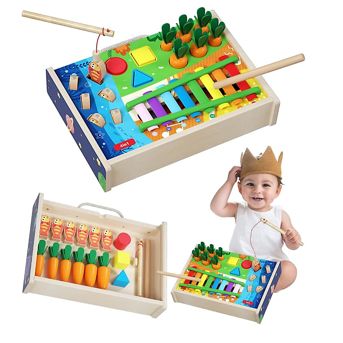qiangXINGYai 4-in-1 Montessori Wooden Hammering Pounding Toys for Toddlers Age 1-3 with Xylophone,Shape Sorting,Magnetic Fishing,Game for Toddlers 1-3 Baby Early Development Educational Toys