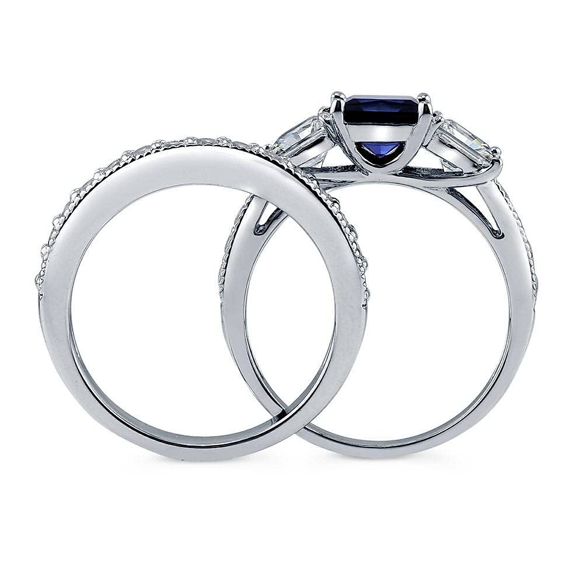 BERRICLE Sterling Silver 3-Stone Wedding Engagement Rings Simulated Blue Sapphire Princess Cut Cubic Zirconia CZ Ring Set for Women, Rhodium Plated Size 9