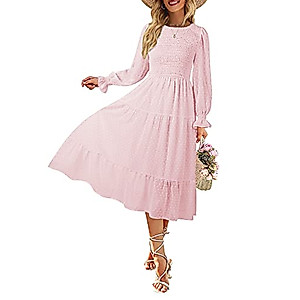MEROKEETY Women's Long Sleeve Round Neck Smocked Elastic Waist A Line Tiered Dress,Pink,M
