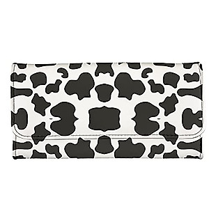 Jeiento Black and White Animal Cow Print Leather Wallet for Women Girl, Trifold Long Wallet Purse, Travel Handbag Card Holder Organizer
