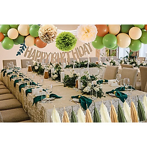 40Pcs Olive Green Tan Brown Cream Balloon Tissue Paper Pom Poms and Tassels Happy Birthday Banner for Eucalyptus Greenery Baby Shower Woodland Jungle Neutral Theme Party Decor