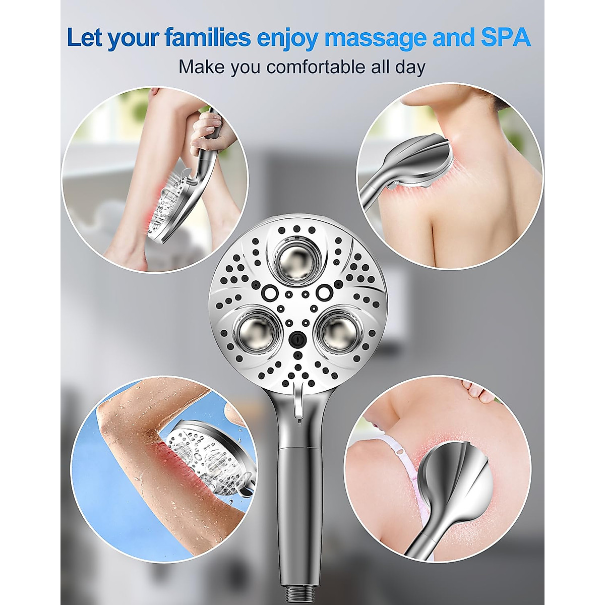 Surpzon Filtered Massage Shower Head with Handheld Spray Combo, 10 Modes High Pressure Shower Heads with 3 Massage Beads, Detachable Shower Head with 59" Hose & Replaceable Filters for Hard Water