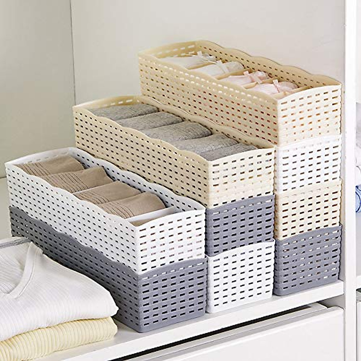 BYyushop Storage Basket Clothes Storage Plastic 5 Grids Socks Underwear Storage Basket Wardrobe Organizer Box Towel Container - White