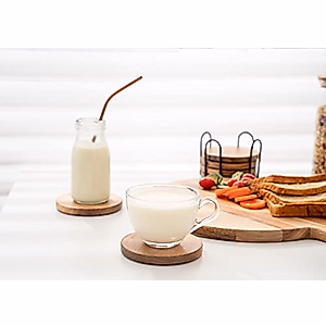 Wood Coasters for Drinks Tabletop Protection with Holder Set of 6, Acacia Wooden Coasters for Coffee Table Desk Round with Non-Slip Pad Cup Coasters for Home Office Christmas Decor 4 Inch