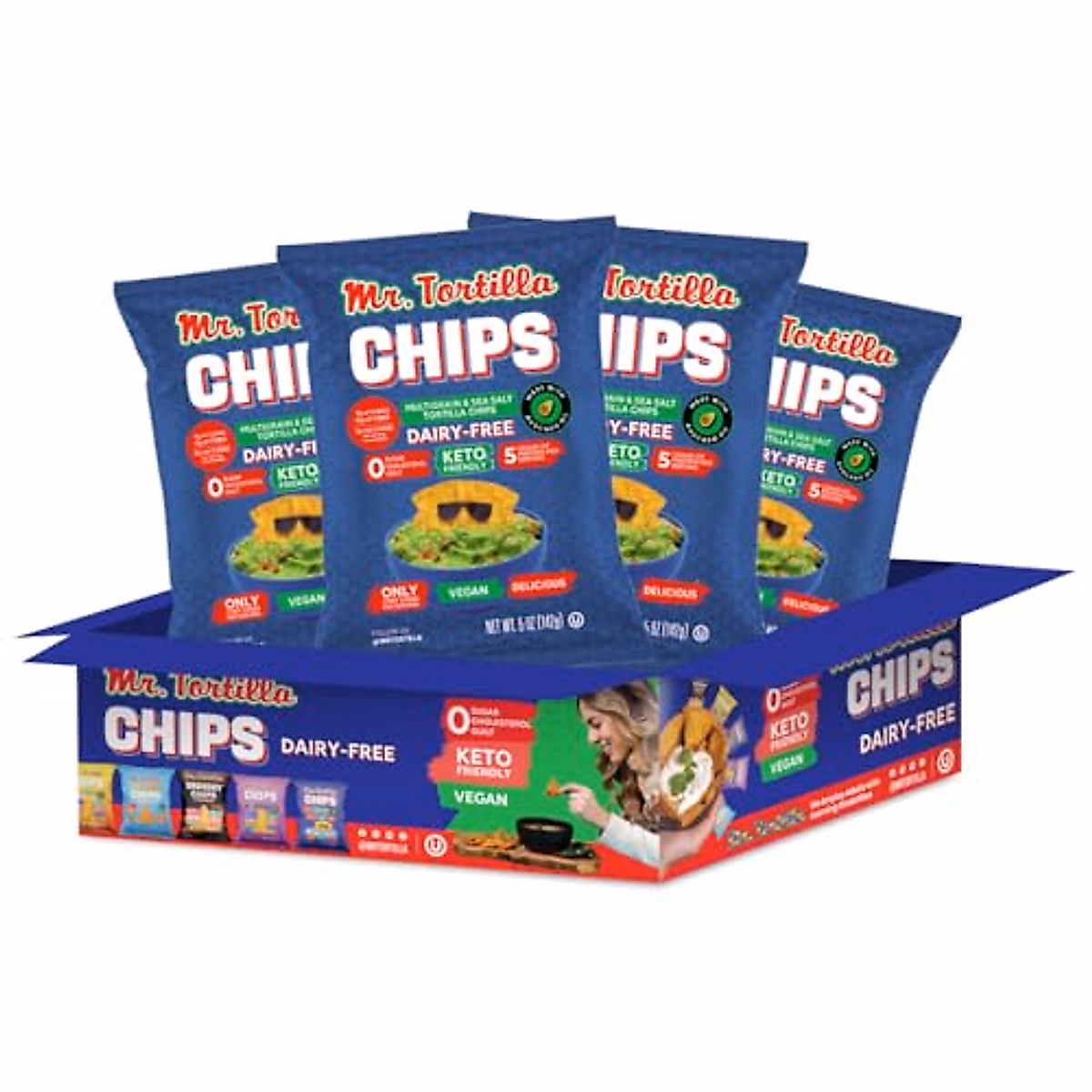 Mr. Tortilla Chips – Low Carb, Dairy Free, Keto, Vegan, Healthy Snack Crisps, 10g of Protein per Bag – High Fiber, Small Batch – 3 Net Carbs Per Serving - Multigrain & Sea Salt 2oz Bags, 4-Pack