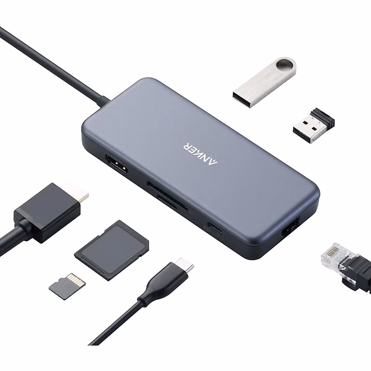 Anker USB C Hub Adapter, PowerExpand+ 7-in-1 USB C Hub, with 4K USB C to HDMI, 60W Power Delivery, 1Gbps Ethernet, 2 USB 3.0 Ports, SD and microSD Card Readers, for MacBook Pro and Other Laptops