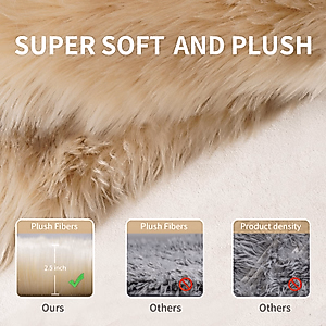 Small Faux Fur Rug 2x4 ft Ultra Soft Sheepskin Rug Chair Sofa Cover Seat Pad, Beige Fluffy Shag Rug for Bedroom Nursery Kids Room, Luxury Shaggy Rug Fuzzy Plush Floor Carpets