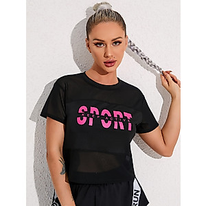 MakeMeChic Women's Workout Athletic Shirts Letter Graphic Mesh Insert Short Sleeve Crew Neck Stretch Sports Crop Tops Black M