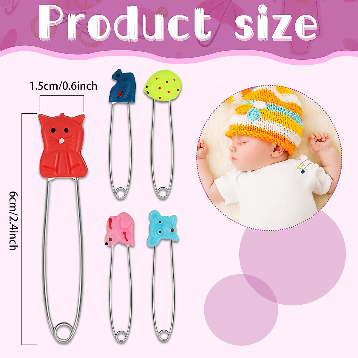 30 Pieces Baby Safety Diaper Pin with Plastic Head Animal Pattern 2.4 Inch Stainless Steel Kids Newborn Safety Pin with Lock Buckle, Random Patterns