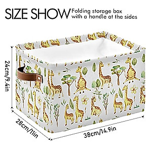 Rectangular Storage Basket Storage Bin - Tropical Palm Leaves Giraffe Collapsible Storage Box with Leather Handles Fabric Organizer Bin Organizer for Boys and Girls