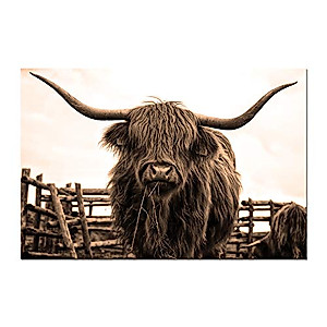 Nachic Wall Animal Canvas Wall Art Sepia Highland Cow Pictures Prints Longhorn Cattle Wall Painting Art Poster Vintage Artwork Living Room Farmhouse Wall Decoration 24x36