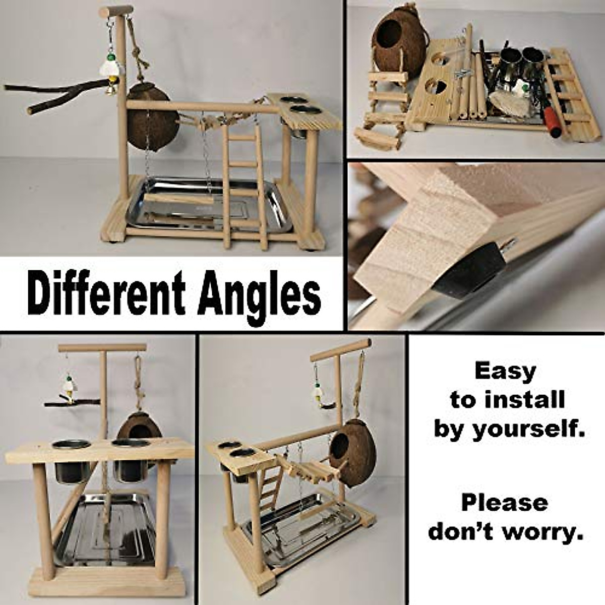 Parrots Playground Bird Play Stand Natural Wood Parrot Perch Gym Playpen Parakeet Nest with Feeder Cups Ladders Lovebirds Cage Accessories Toy Exercise Activity Center for Conure Cockatiel Lovebirds