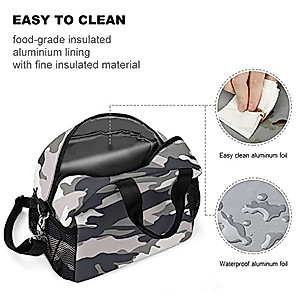 Gray Green Camouflage Printed Lunch Box Tote Bag with Handles and Shoulder Strap for Men Women Work Picnic