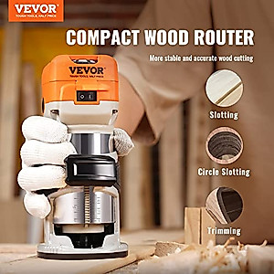 VEVOR Wood Router, 1.25HP 800W, Compact Wood Trimmer Router Tool, 30000RPM Max Speed 6 Variable Speeds, with 1/4'' & 5/16'' Collets 12 PCs Milling Cutters Dust Hood, for Woodworking Slotting Trimming