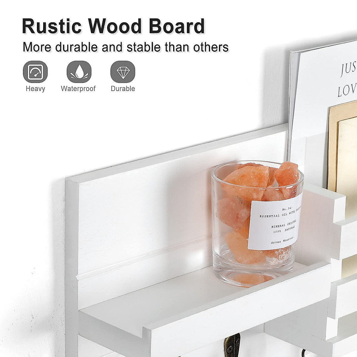 Lwenki Mail Organizer for Wall Mount – Key Holder with Shelf includes Letter Holder and Hooks for Coats, Dog Leashes – Rustic Wood with Flush Mounting Hardware (16.5” x 8.7” x 3.5”)