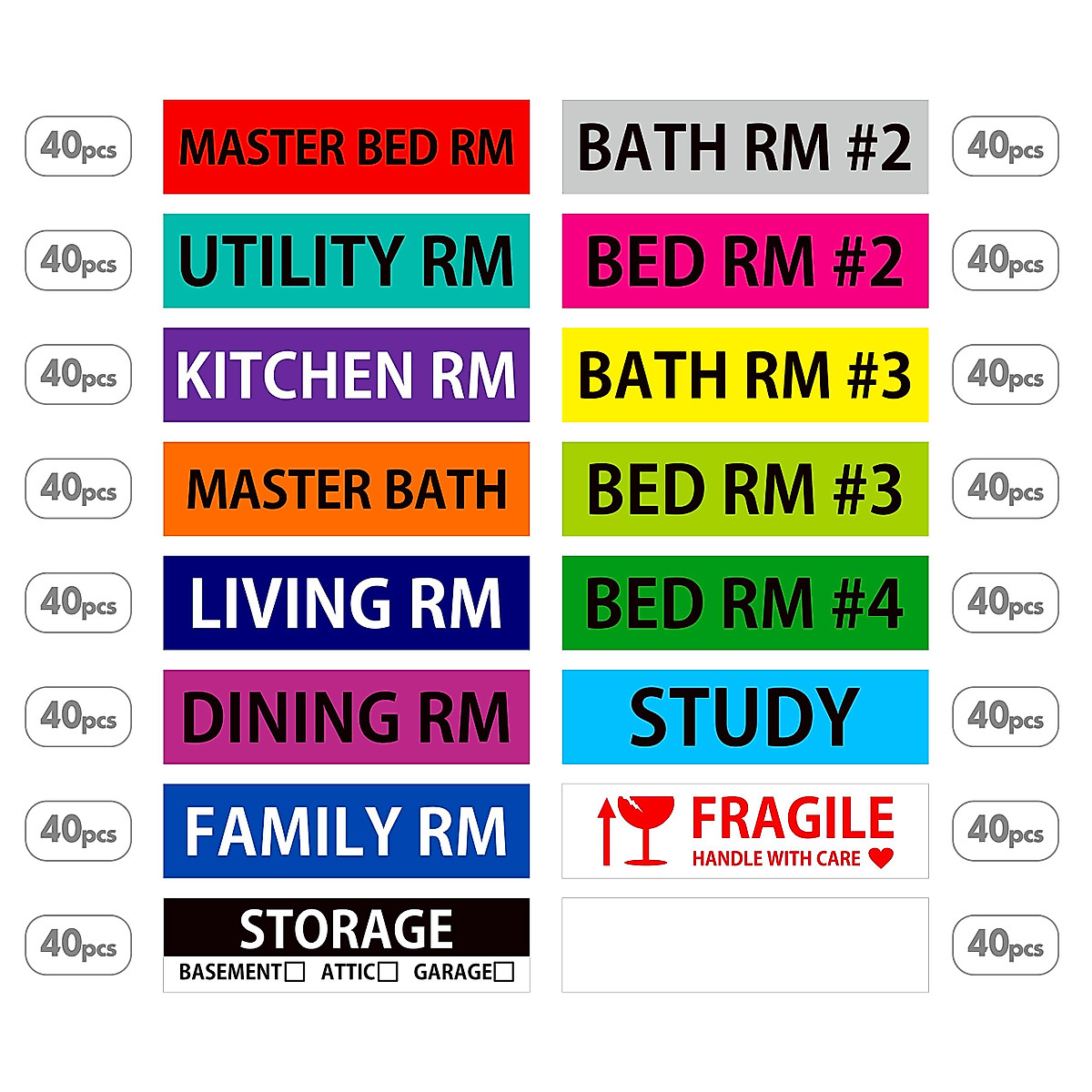 640 Pcs Removable Home Moving Labels 15 Pre-Printed Color-Coded Plus 1 Customizable Blank (Each Measures 4" x 1")