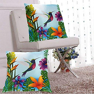 Tropical and Exotic Garden with Hummingbird Design Pillow Cover Soft Square Decorative Pillow Covers for Home Sofa Couch 18" X 18" Set of 2 Outdoor Decorative Pillowcase (2 Pack)