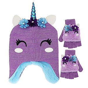 Little Girls Winter Unicorn Beanie Hat and Gloves Set Kids Knitted Earflap Cap Flip Top Mitten Set