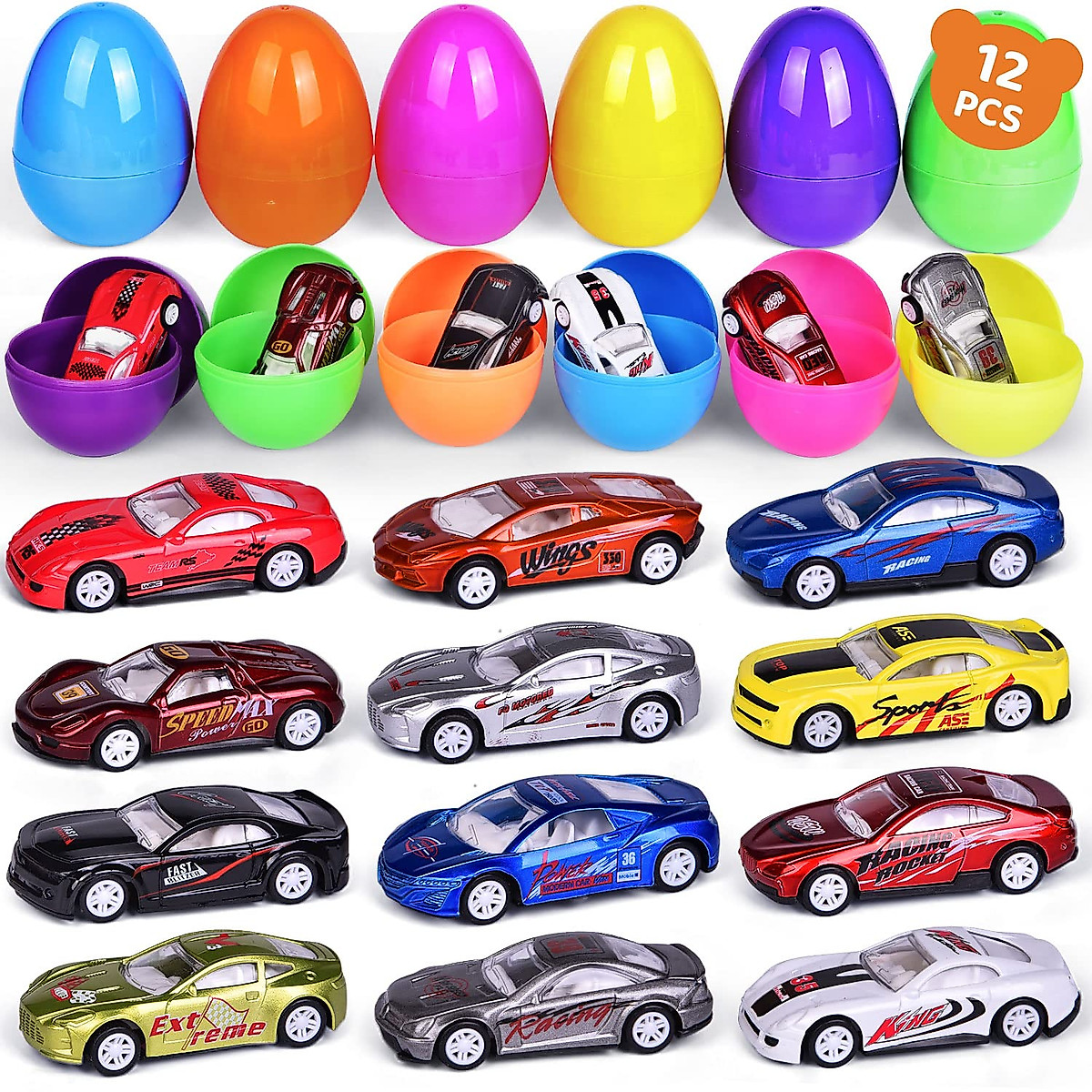 FUN LITTLE TOYS 12PCS Easter Eggs with Cars Vehicles for Easter Basket Stuffers