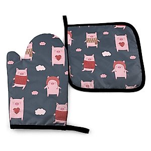 Cute Cartoon Pigs Oven Mitts and Pot Holders Sets Heat Resistant Oven Gloves with Non-Slip Surface for Reusable for Baking BBQ Cooking