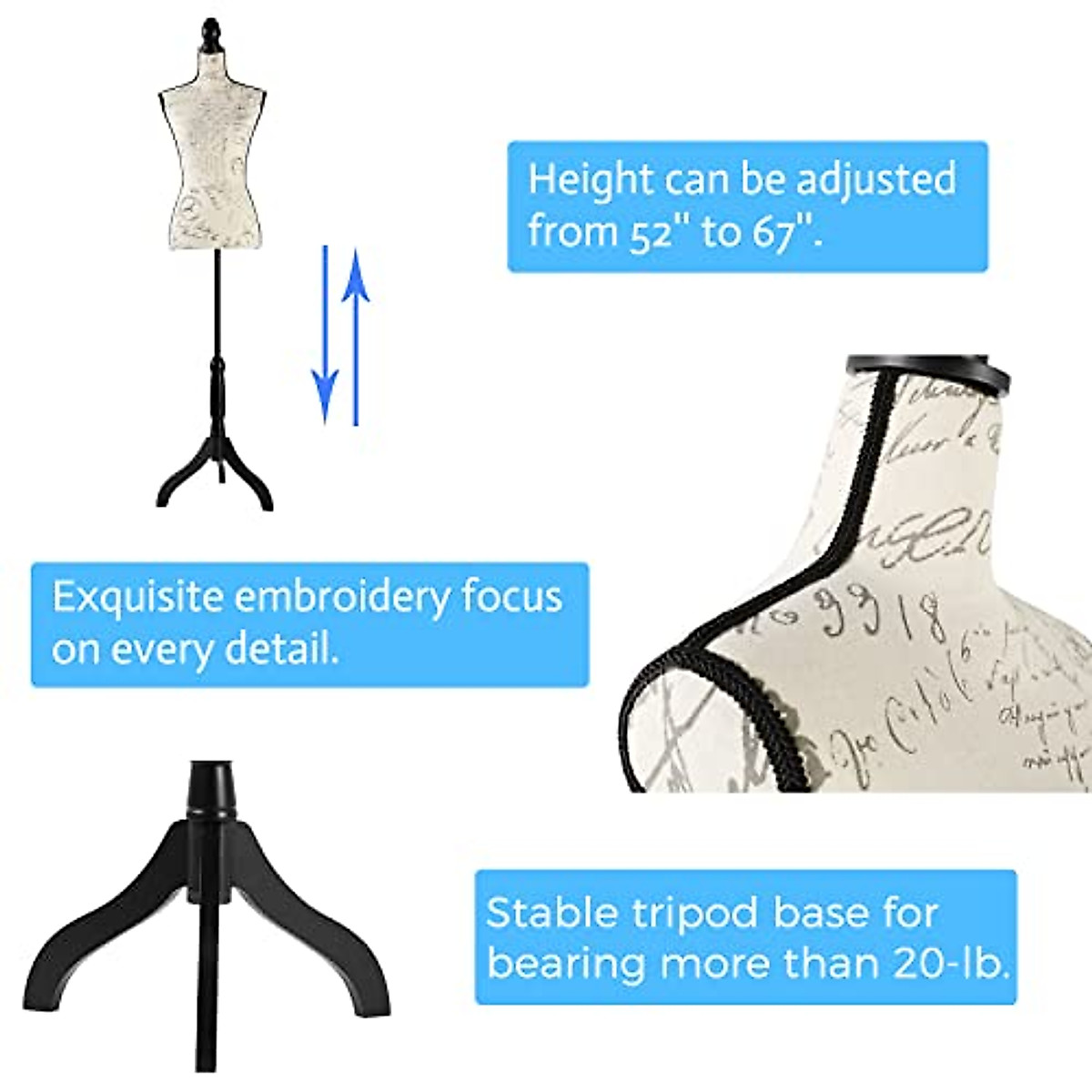 DRDINGRUI Standing Female Mannequin Body, Height Adjustable from 52'' to 67'', Pinnable Dress Form with Tripod Base for Dress Jewelry Display