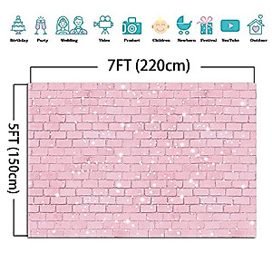 Retro Pink Glitter Brick Wall Photography Backdrop Girl Happy Birthday Party Photo Background Baby Shower Bridal Shower Wedding Newborn Banner Cake Table Decorations Photo Booth Props 7x5ft