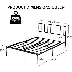 IDEALHOUSE Metal Bed Frame Queen with Headboard, 14 Inch Bed Frame Queen Size, Queen Size Heavy Duty Bed Base with Metal Steel Slats Support, No Box Spring Needed, Black