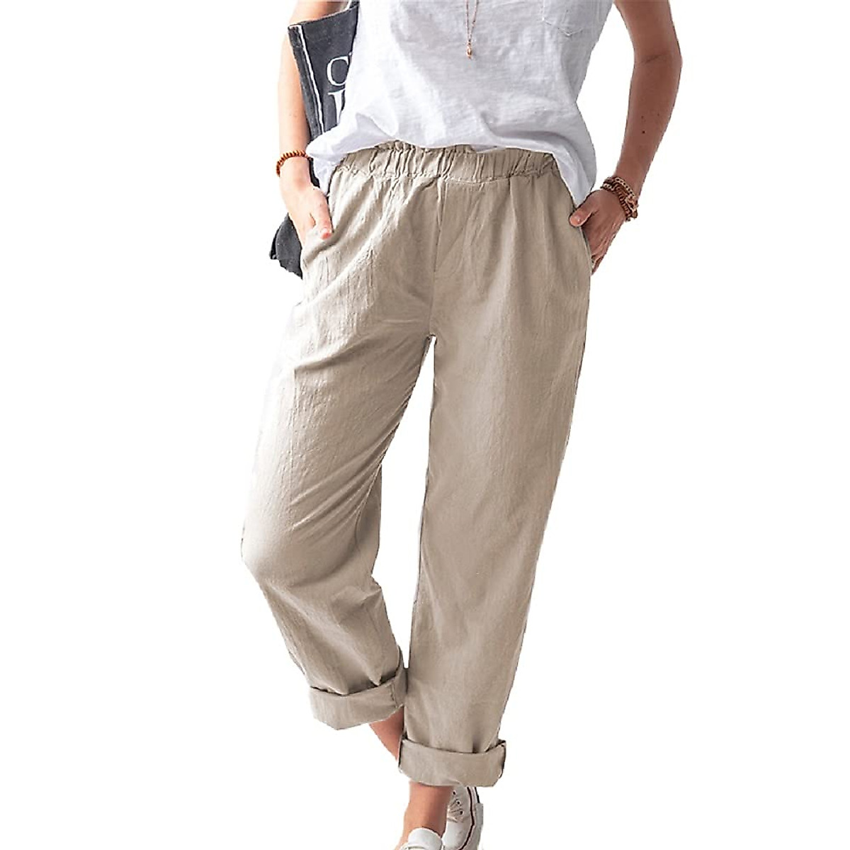 Women's Straight Pants Elastic Waist Trousers Casual lounge pants women for Work with Pockets Khaki