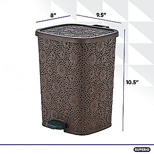 Compact Plastic Step-On Trash Can, Indoor and Outdoor Waste Bin with Foot Pedal, Brown Decorative Garbage Bin with Lace Design, 6 Qt Small Trash Can for Kitchen, Bathroom, Bedroom, Patio, Yard