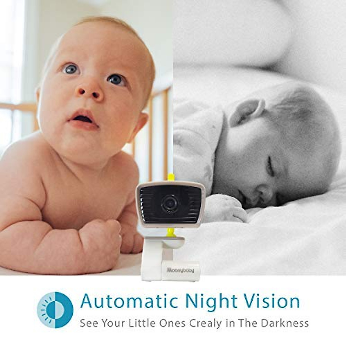 Moonybaby Split Screen Baby Monitor with 2 Cameras and Audio, Model: Split 30, No WiFi, Extended 12hrs Battery Life, Wide View, Long Range, Auto Night Vision, 4.3" Large Screen, Lullaby, 2-Way Audio