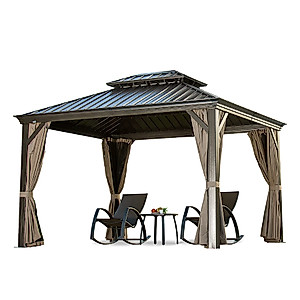 Domi Hardtop Gazebo 10x12ft Outdoor Pergola Metal Gazebos Backyard Pavilion Aluminum Roof Canopy with Mosquito Netting and Curtains for Patio,Garden,Lawn(Brown)