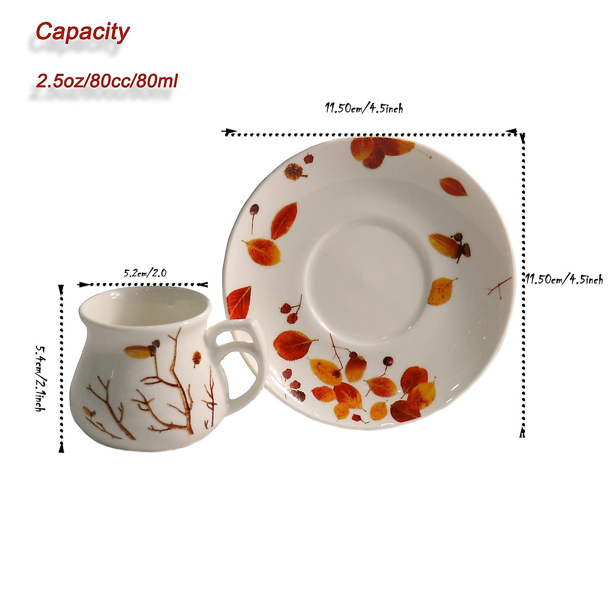 GuangYang 12 Pieces Fine Porcelain Espresso Cups and Saucers-,set of 6,2.5 oz,One Shot Espresso Cup for 6 Person,Antumn Leaves Parttern