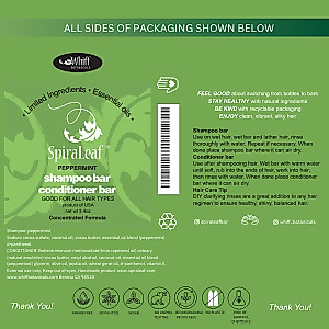 SpiraLeaf Shampoo Bar & Conditioner Bar Set, PEPPERMINT Pure Essential Oils, Light Scent, Limited Ingredients, Concentrated Formula, Made USA, Zero Waste, Color-Fragrance Free, Travel Ready