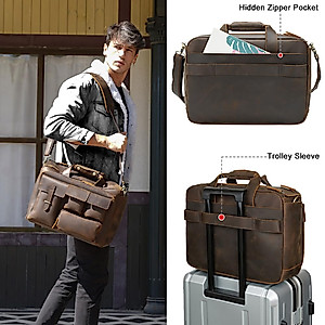 TIDING Full Grain Leather Briefcase For Men 17.3 Inch Laptop Case Multi Pockets Business Travel Messenger Bag