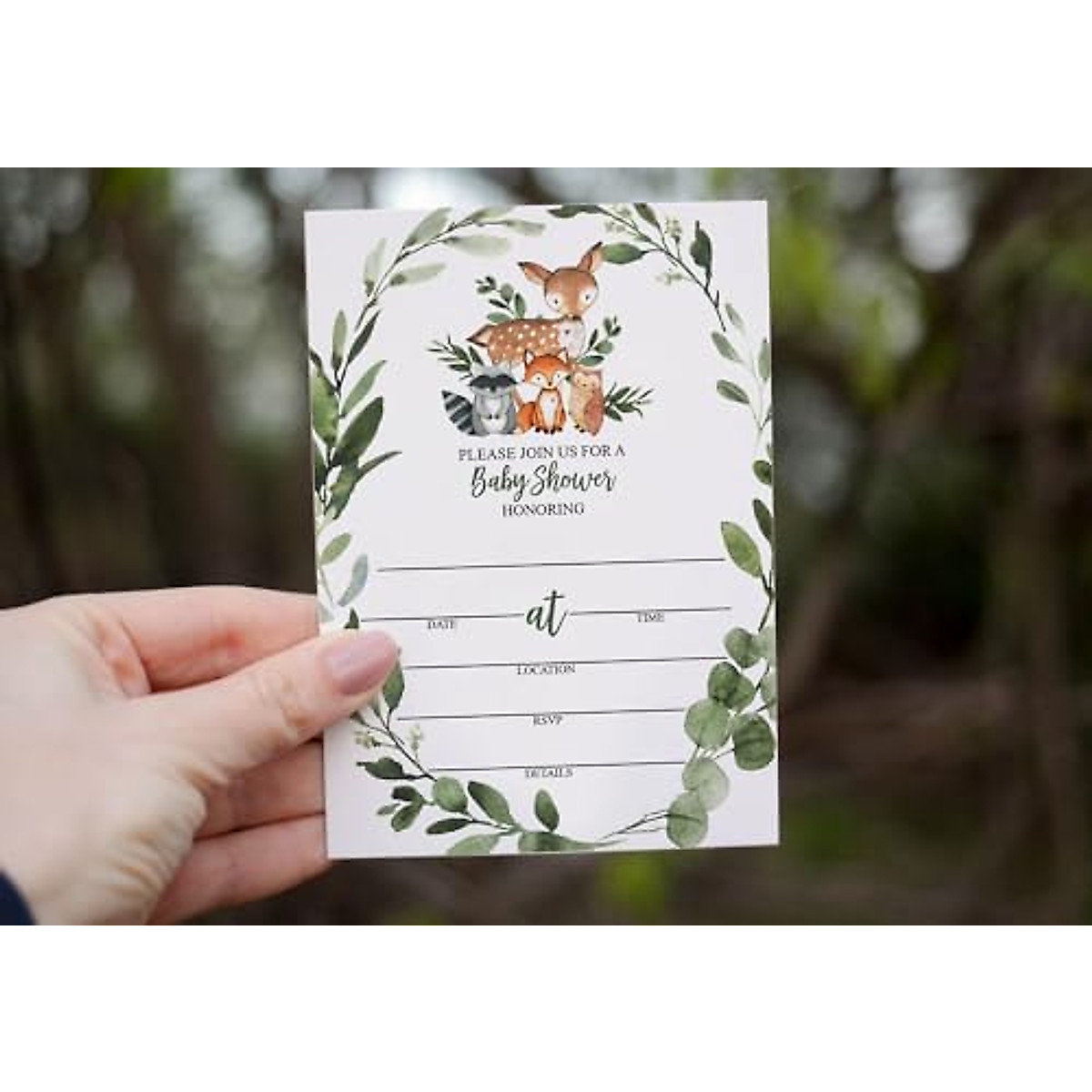 25 Wreath Woodlands Greenery Baby Shower Invitations (Large Size 5X7 inches), Diaper Raffle Tickets, Baby Shower Book Request Cards with Envelopes Woodland Creature Invites Neutral Baby Showers Fox
