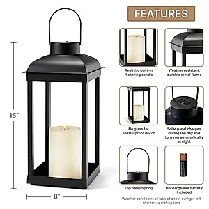Outdoor Candle Lantern, Solar Powered - 15 Inch Tall, Black Metal, Open Frame (No Glass), Dusk to Dawn Timer, Decorative Large LED Lantern Lights for Front Porch, Garden or Patio Decor