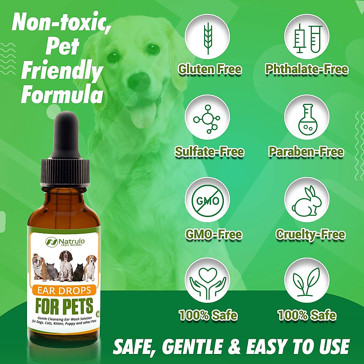 Natural Ear Cleaner for Dogs, Cats, Kitten, Puppy – Gentle Cleansing Ear Wash Solution Mite Infection & Yeast Treatment for Pets – Drying, Healing Medicinal Ear Cleaning Drops Made in USA