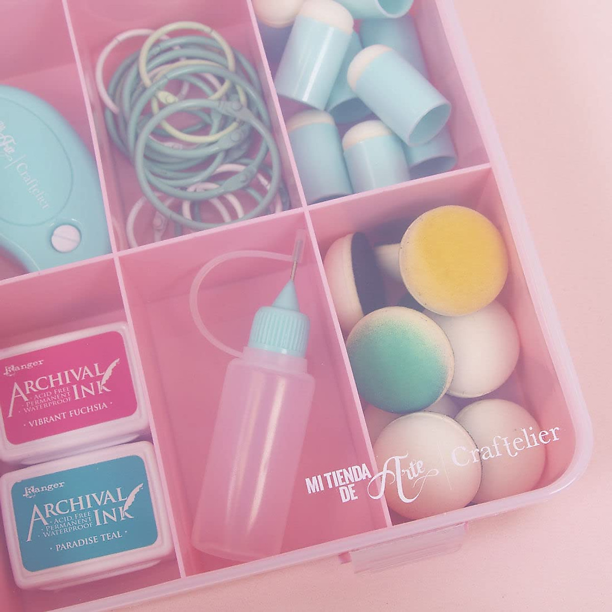 Craftelier - Organizing Box with 10 Compartments for Scrapbooking and Craft Materials | Dimensions 26.5 x 17.8 x 4.2 cm (10.4“ x 7” x 1.65") - Pink and Transparent Color