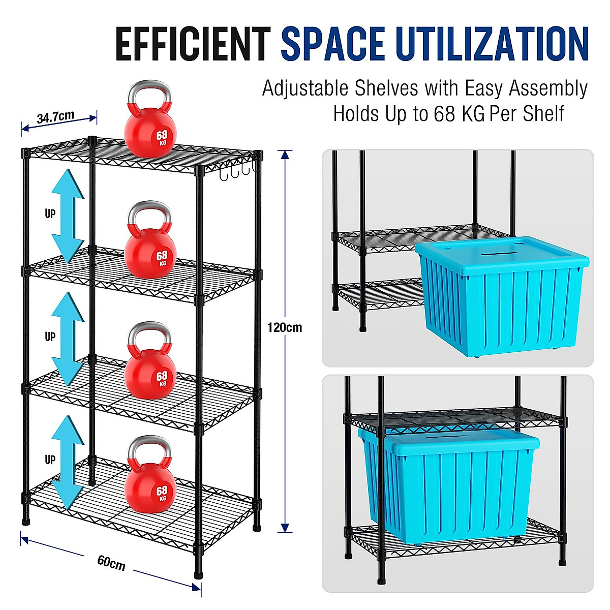 WORKPRO Storage Shelves, 4 Tier Metal Shelving Unit, Garage Wire Rack, Standing Adjustable Shelves with Hooks for Pantry Closet Kitchen Basement 24" W x 14" D x 48" H, 600 lbs Total Capacity