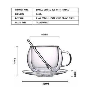 Double Wall Glass Coffee/Tea Mugs with Handle, Saucer and Glass Stirring Spoon- 8.7oz - Set of 2 - The Perfect Coffee/Tea Cups Affogato Cup