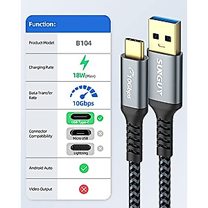 SUNGUY USB C Android Auto Cable 1FT, USB C to USB 3.1 USB 3.2 Gen2 10Gbps USB A to C Data Fast Charging Cable Compatible with Samsung Galaxy S21 S20 S10 S10E Note 20, USB C External C SSD, Pixel