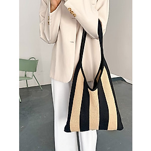 ENBEI The tote bags for women aesthetic Shoulder HandbagsShoulder Shopping Bag crocheted Bags large large tote Bag cute (Black khaki stripes)