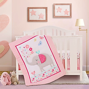 Honkaii Crib Bedding Set for Boys Girls 3-Piece, Grey Elephant Baby Nursery Set, Safari Theme Crib Set, 100% Cotton Crib Sheet, Crib Skirt, Crib Comforter Included, Baby Boy Nursery Decor
