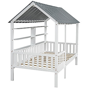 Harper & Bright Designs House Bed Twin Size with Fence Guardrails, Montessori Bed Frame with Storage Shelves, Wood Playhouse Beds for Kids Girls Boys, White
