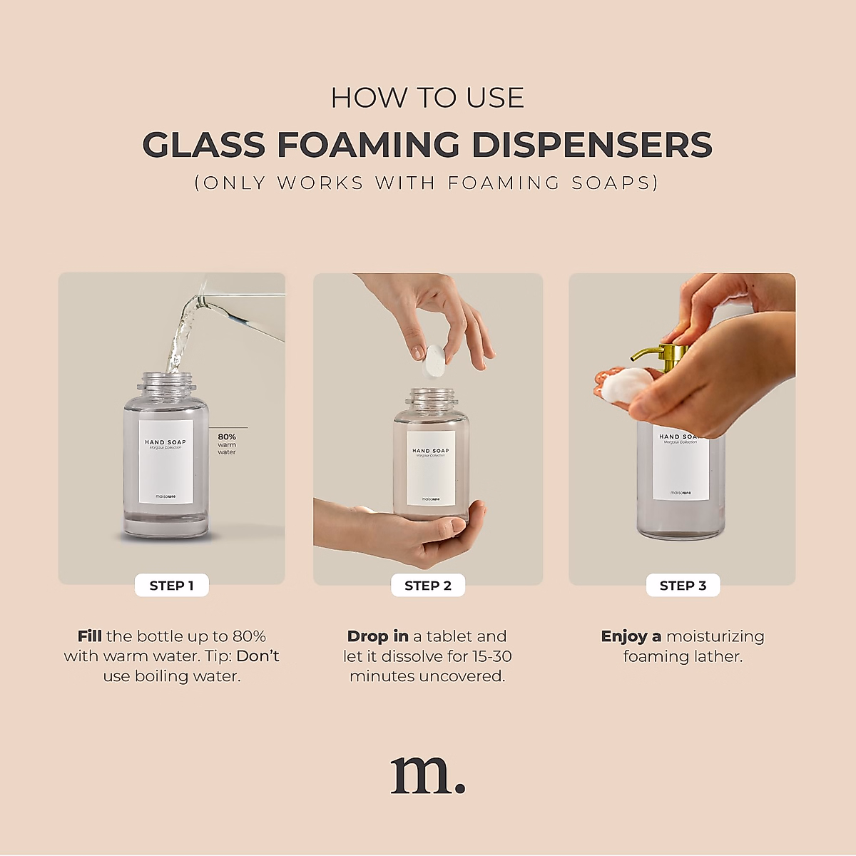 MaisoNovo Glass Foaming Soap Dispenser | Clear Glass Gold Pumps x 2 with Tray